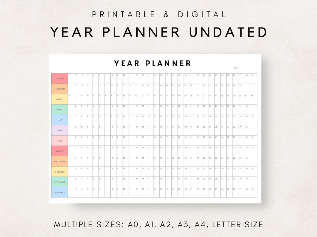 Yearly Planner on 1 Page, Year at a Glance, Undated Full Year Calendar ...