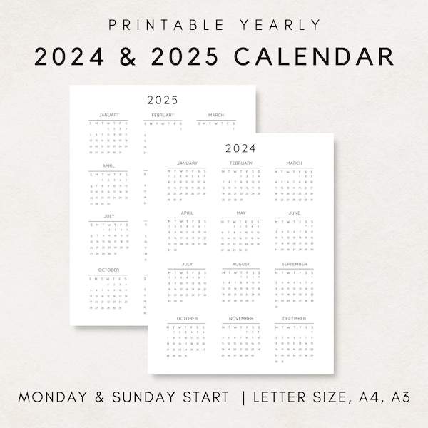 2024-2025 Yearly Calendar, Printable Calendar, Wall Calendar, 2024-2025 ...