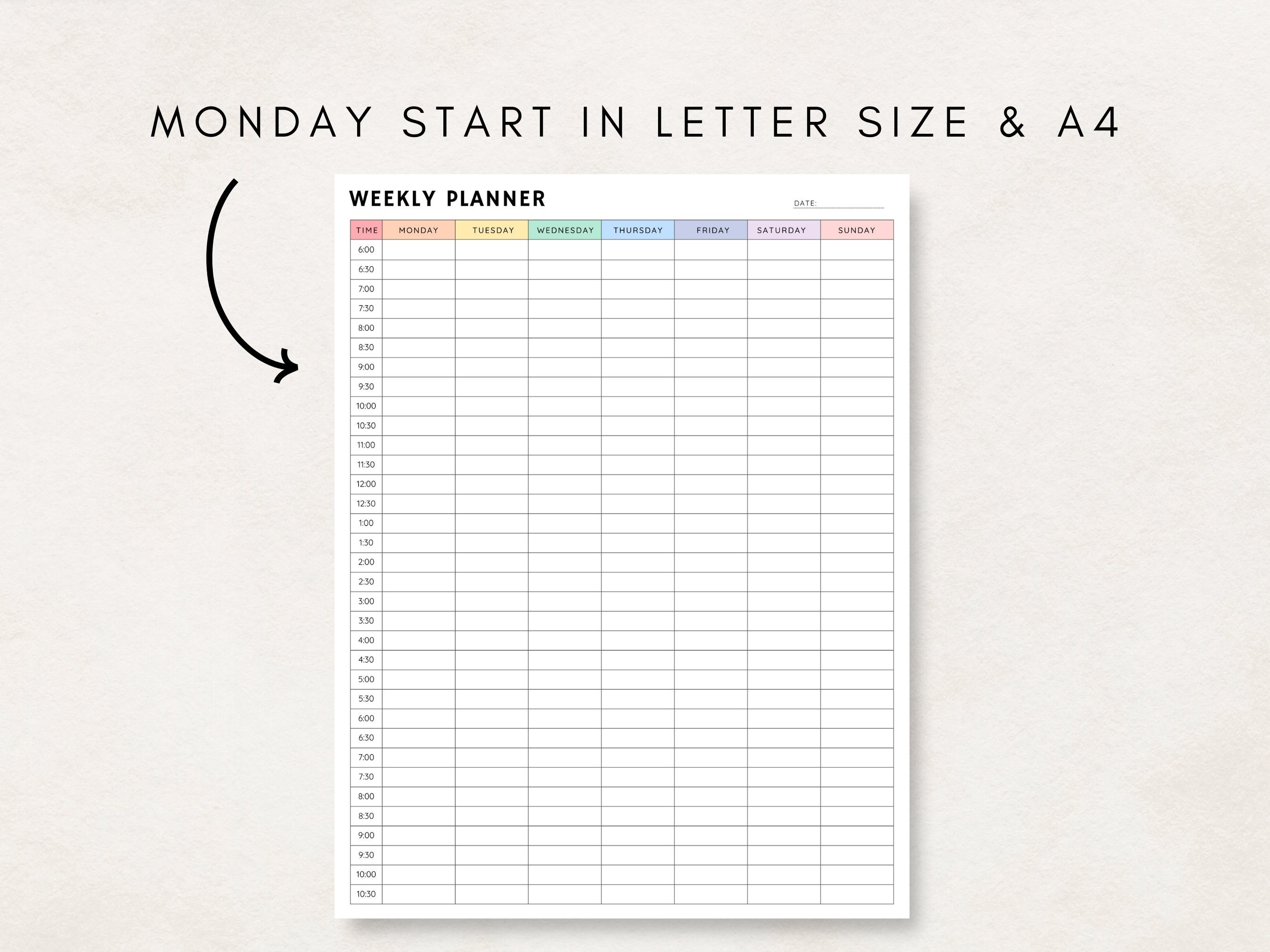 Half Hour Weekly Planner, Half Hour Schedule, Weekly Half Hourly Plan ...