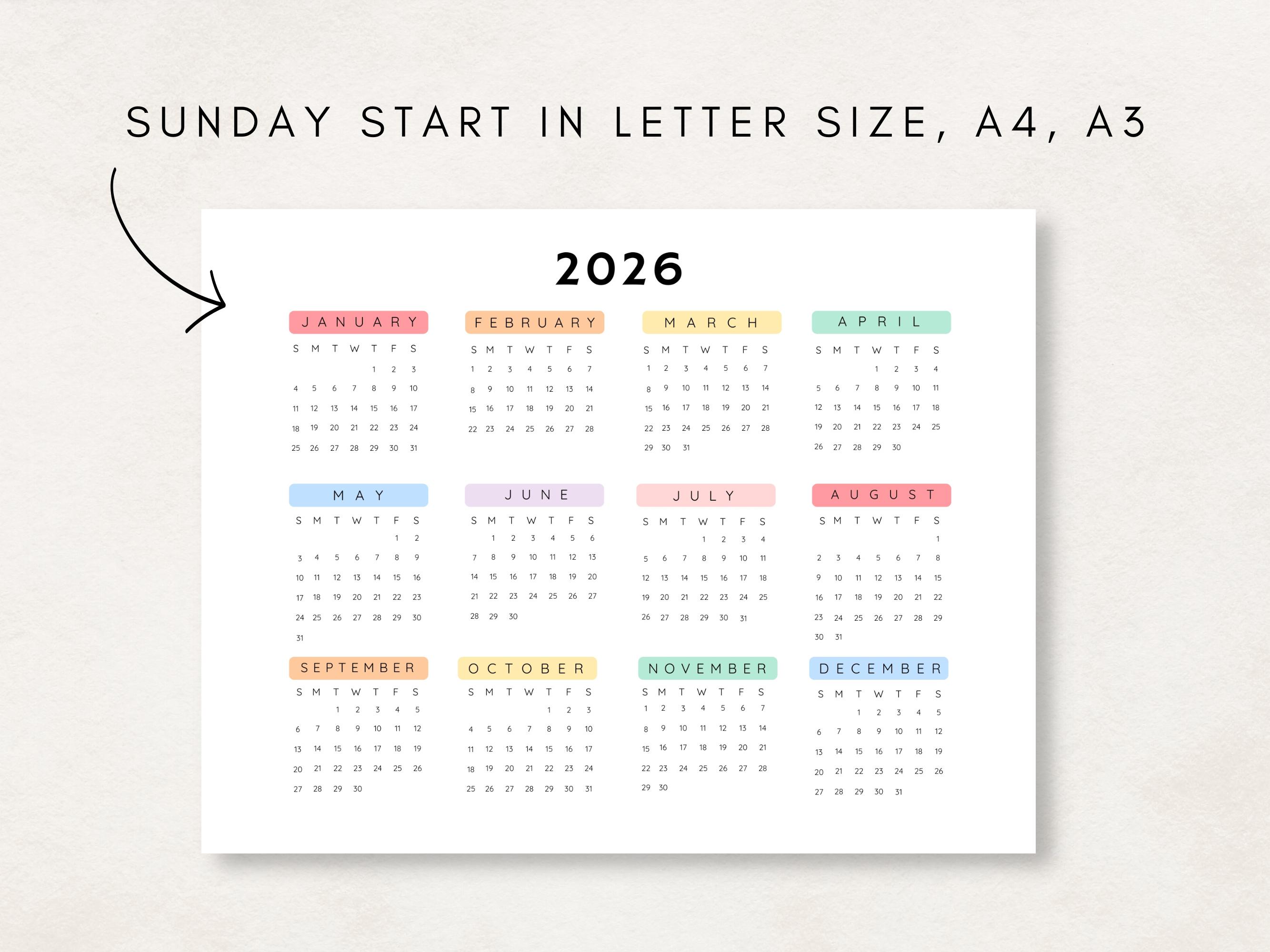 2026 Yearly Calendar, Printable Calendar, 2026 Calendar, 2026 Digital ...
