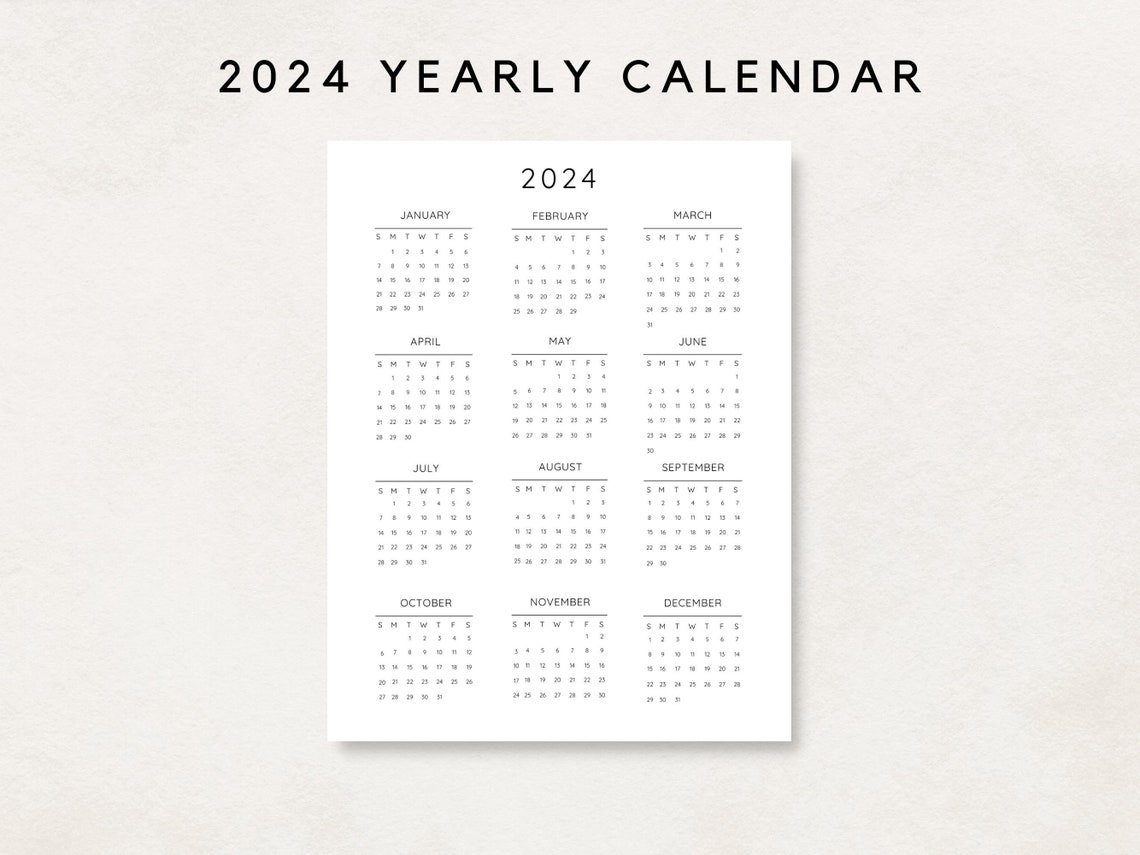 2024 Yearly Calendar Printable, Yearly Calendar Poster, 2024 Calendar ...