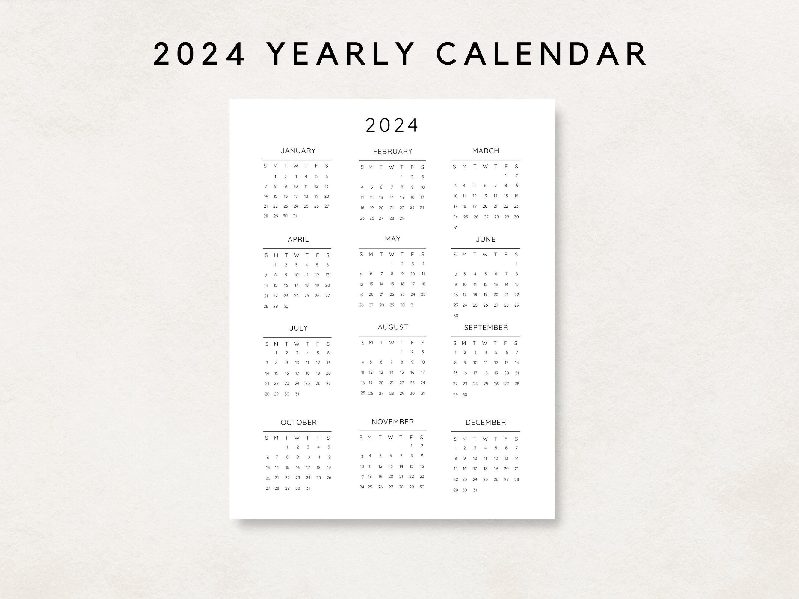 2024 Yearly Calendar Printable, Yearly Calendar Poster, 2024 Calendar ...