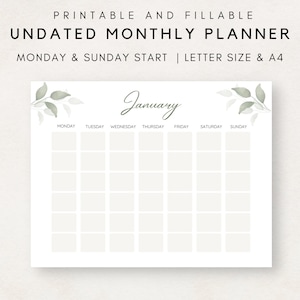 Undated Calendar, Undated Planner, Monthly Overview, Monthly to Do List ...