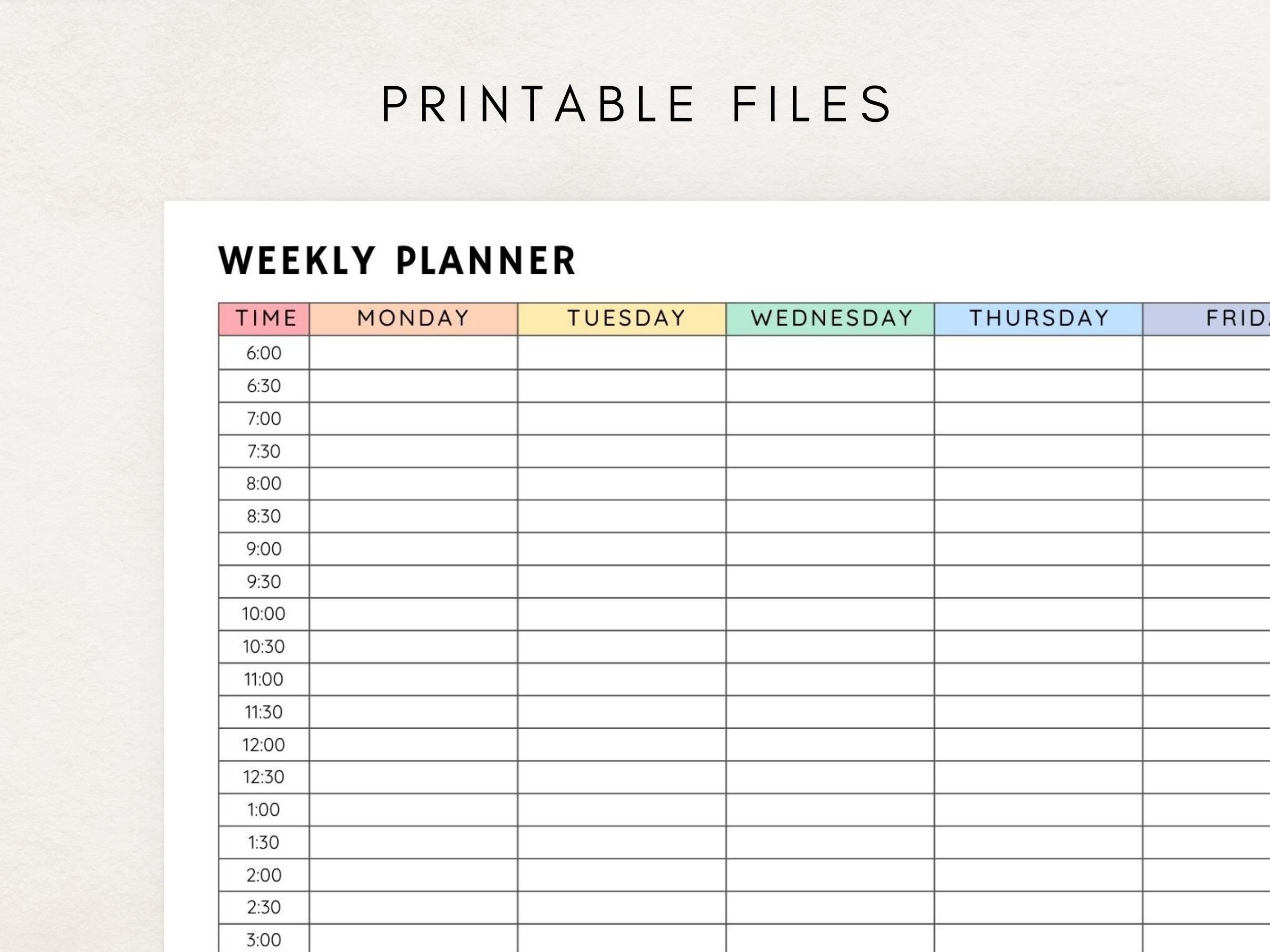 Half Hour Weekly Schedule, Half Hour Planner, Weekly Half Hourly Plan ...
