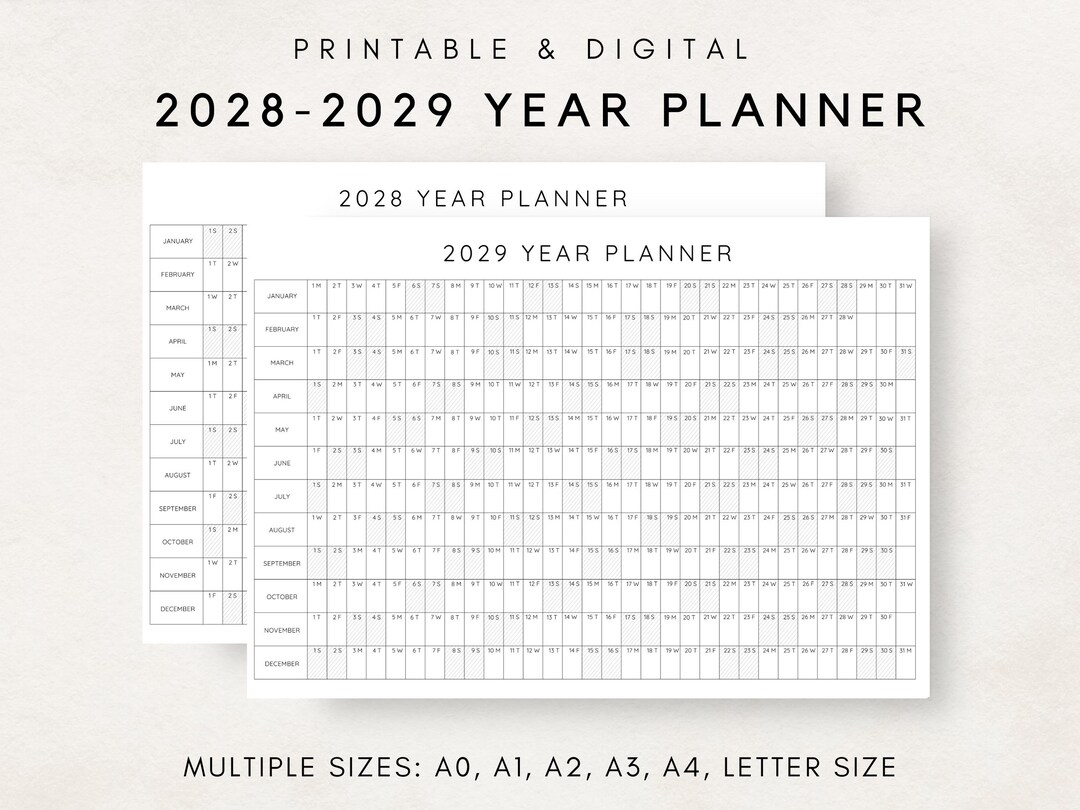 2028-2029 Yearly Planner, Year Planning Calendar, Calendar Poster, 2028 ...