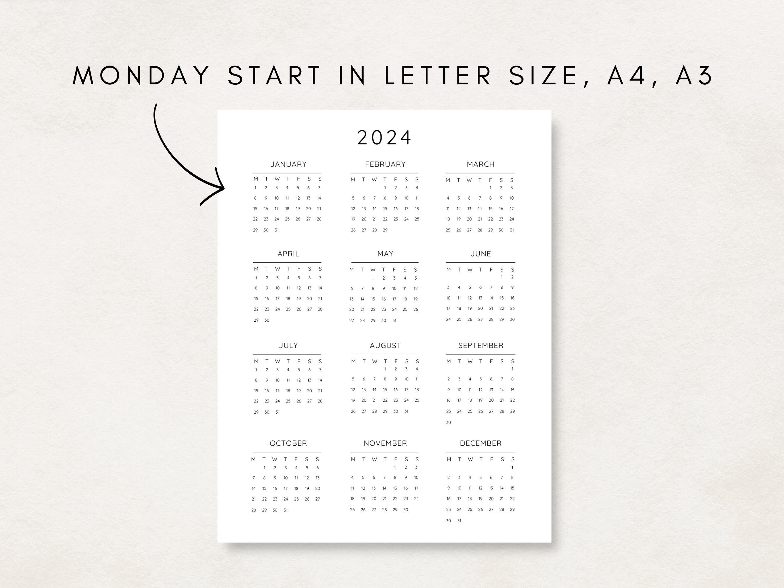 2024 Yearly Calendar Printable, Yearly Calendar Poster, 2024 Calendar ...