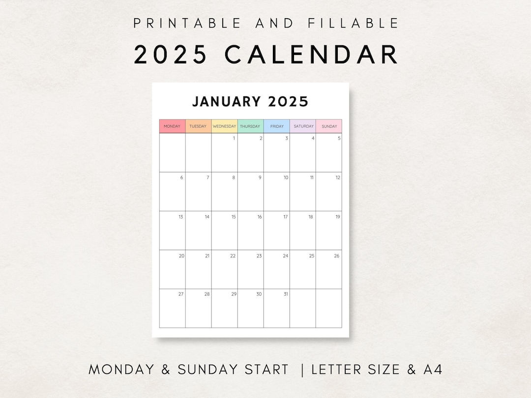 2025 Calendar Printable, Monthly Calendar 2025, Blank Calendar 2025 ...