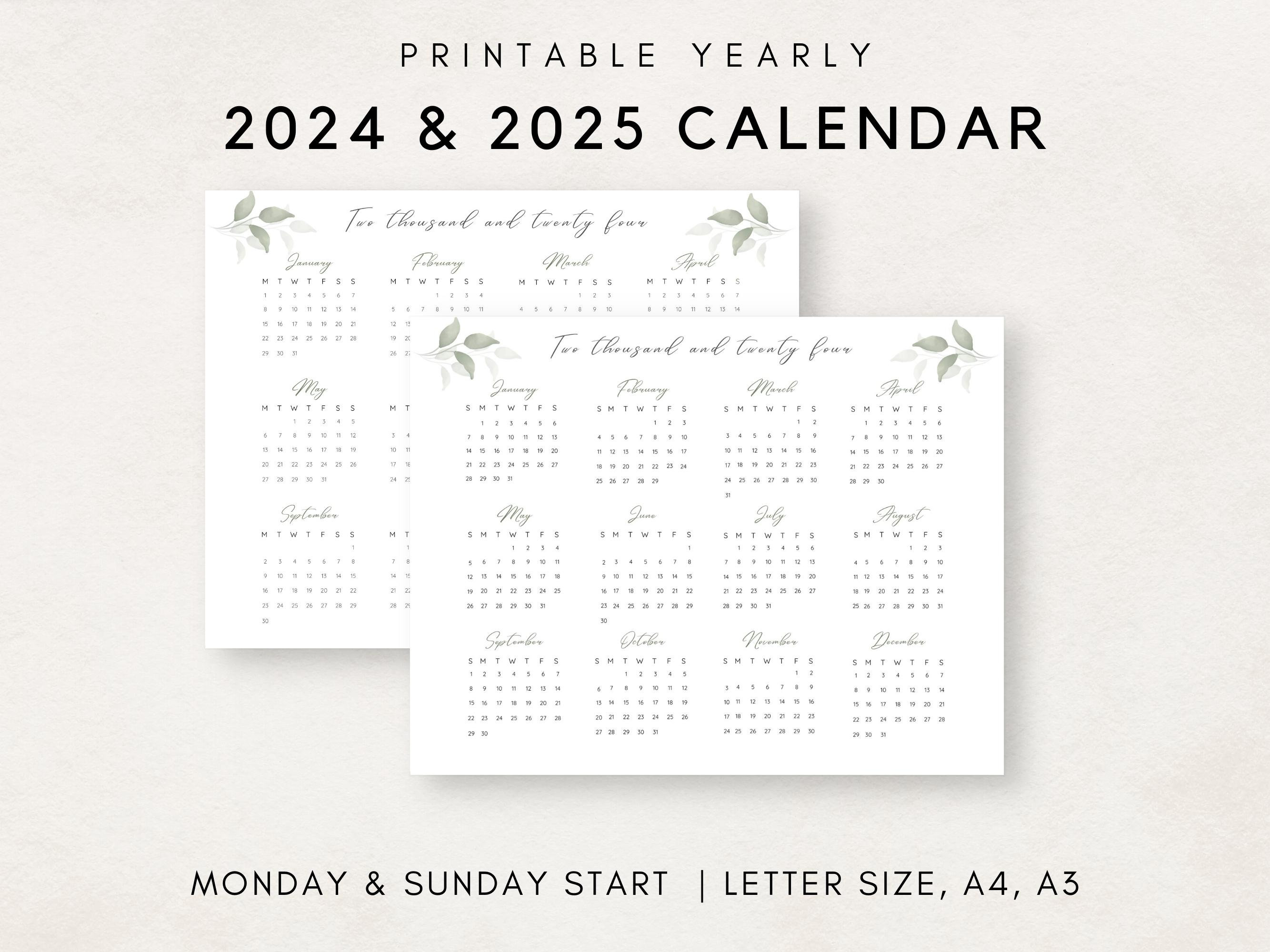 2024-2025 Yearly Calendar, Printable Calendar, Wall Calendar, 2024-2025 ...