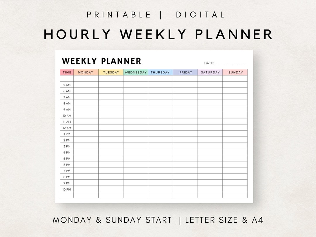 Weekly Hourly Planner Printable, Hourly Weekly Schedule, Hourly Planner ...