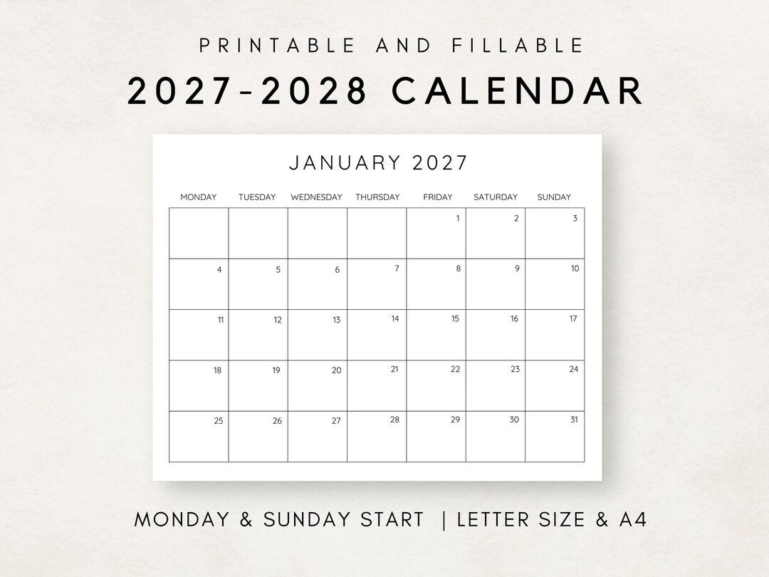 2027- 2028 Calendar Printable, Monthly Calendar 2027- 2028, Fillable ...