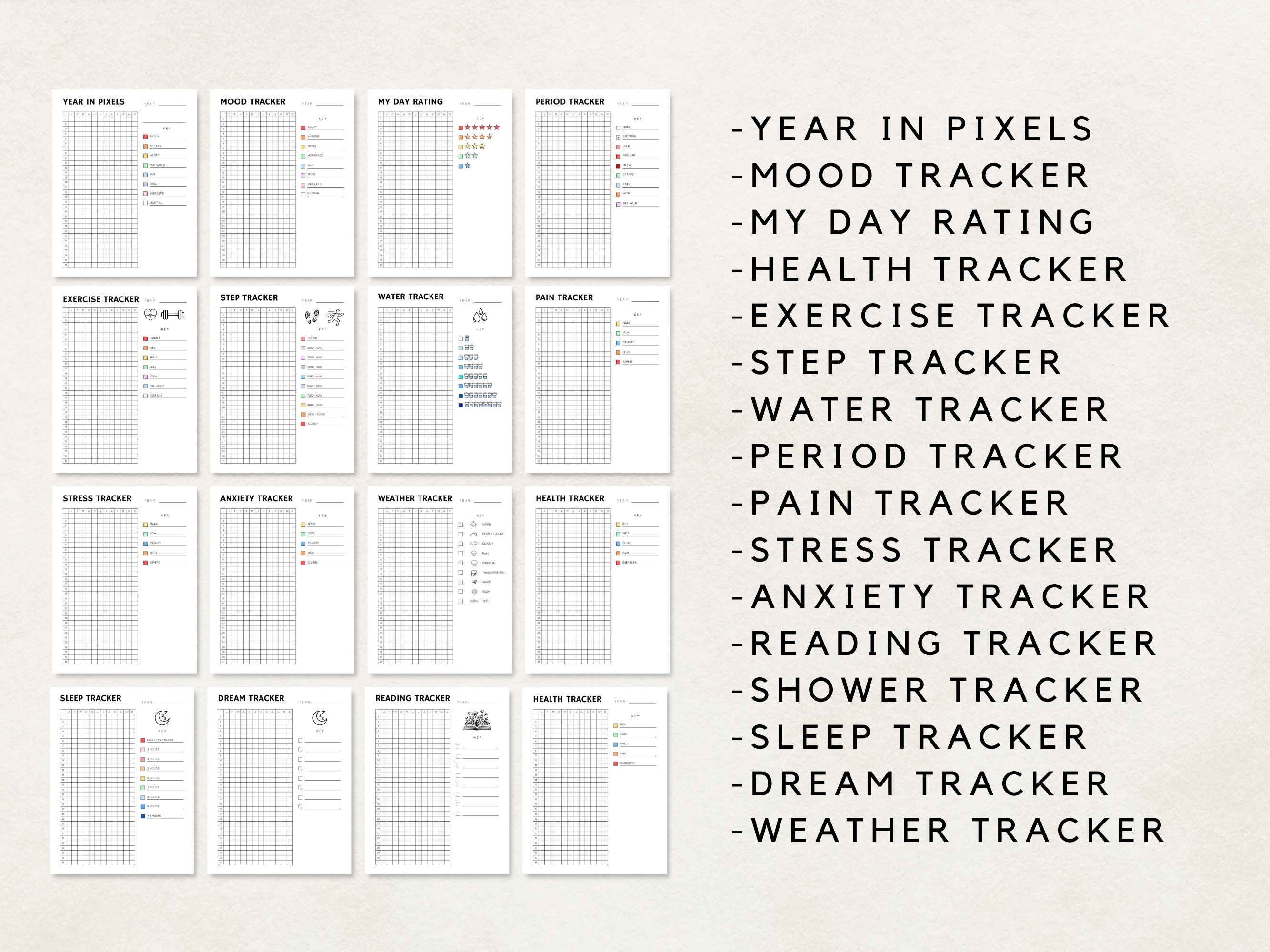 Yearly Tracker Bundle, Yearly Tracker, Year in Pixels, Yearly Habit ...