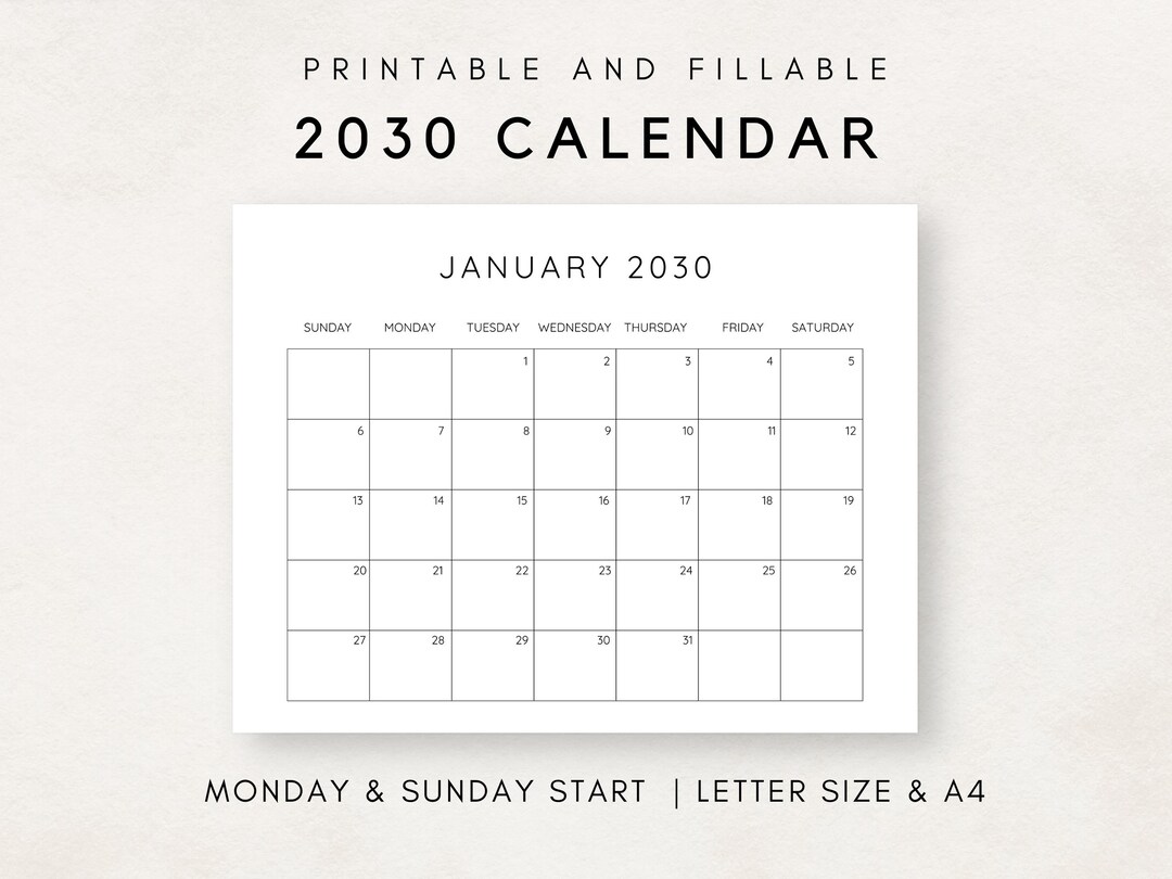 2030 Calendar Printable, Monthly Calendar 2030, Fillable Calendar, 2030 ...