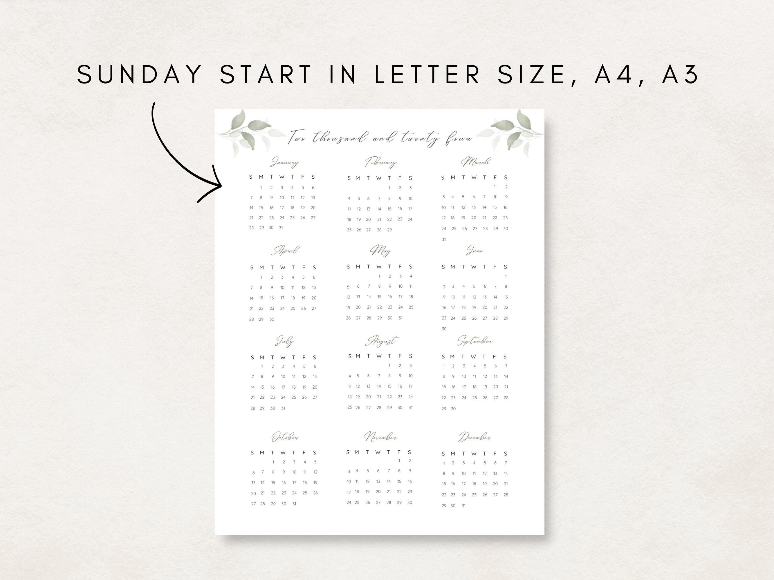 2024 Yearly Calendar Printable, Yearly Calendar Poster, 2024 Calendar ...