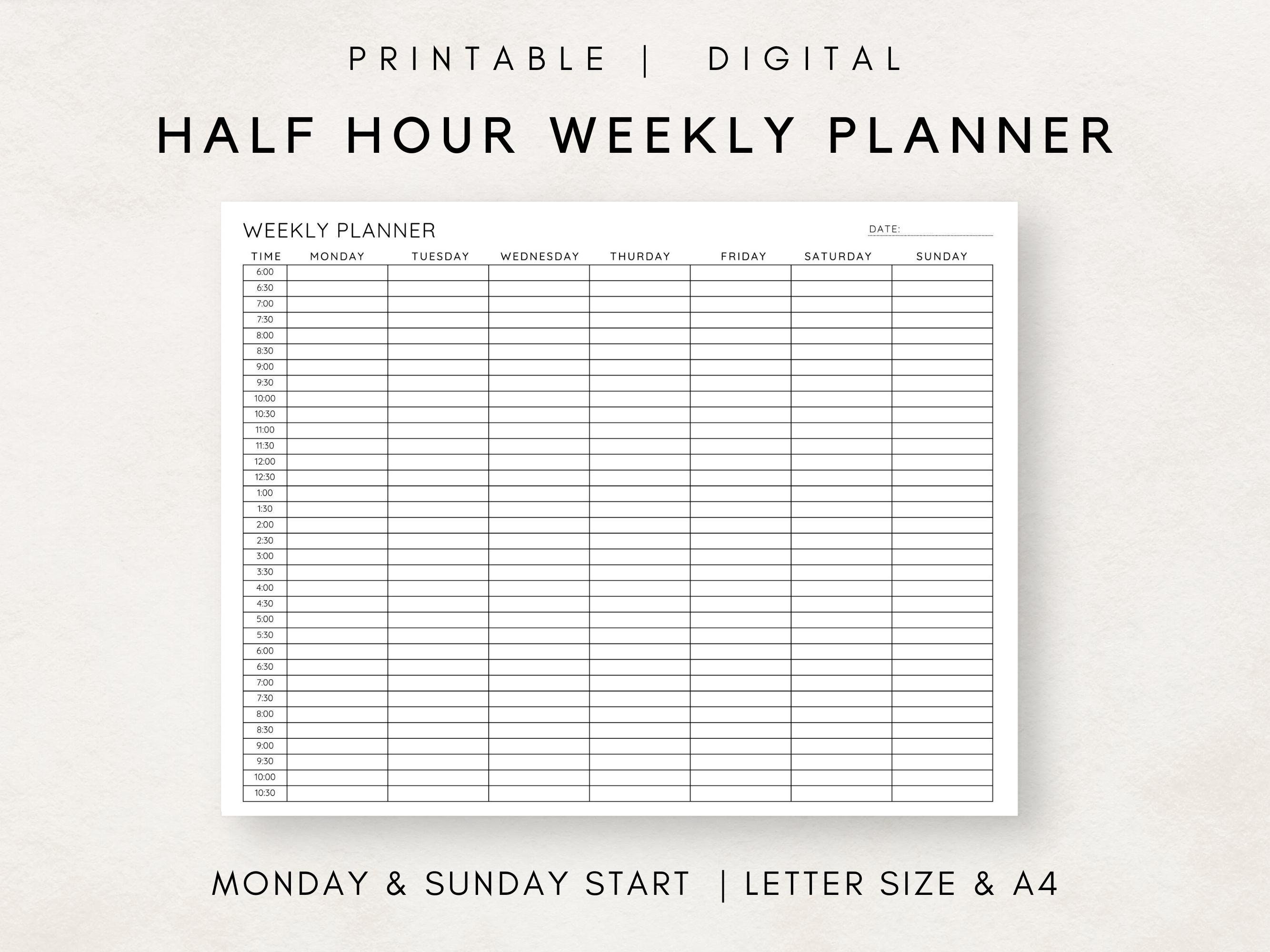 Half Hour Weekly Planner, Half Hour Schedule, Weekly Half Hourly Plan ...