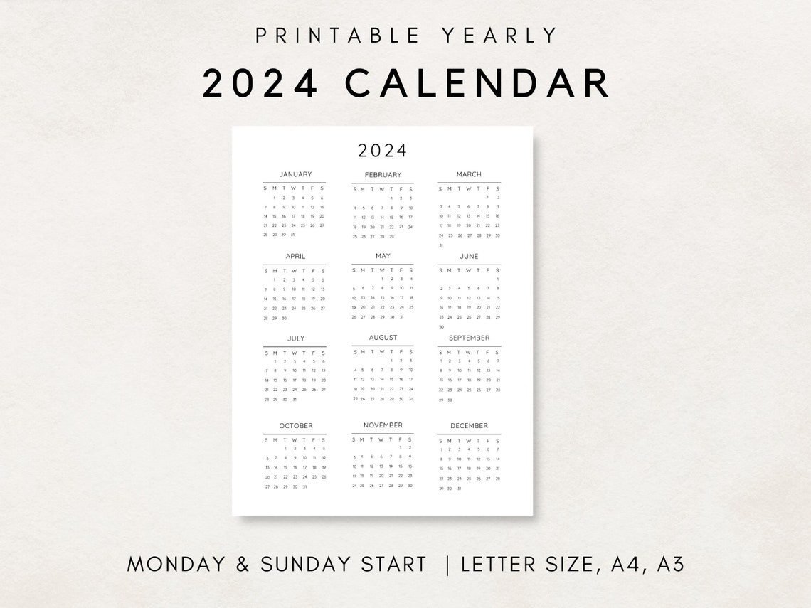 2024 Yearly Calendar Printable, Yearly Calendar Poster, 2024 Calendar ...