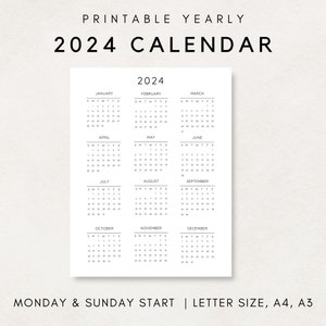 2024 Yearly Calendar Printable, Yearly Calendar Poster, 2024 Calendar ...