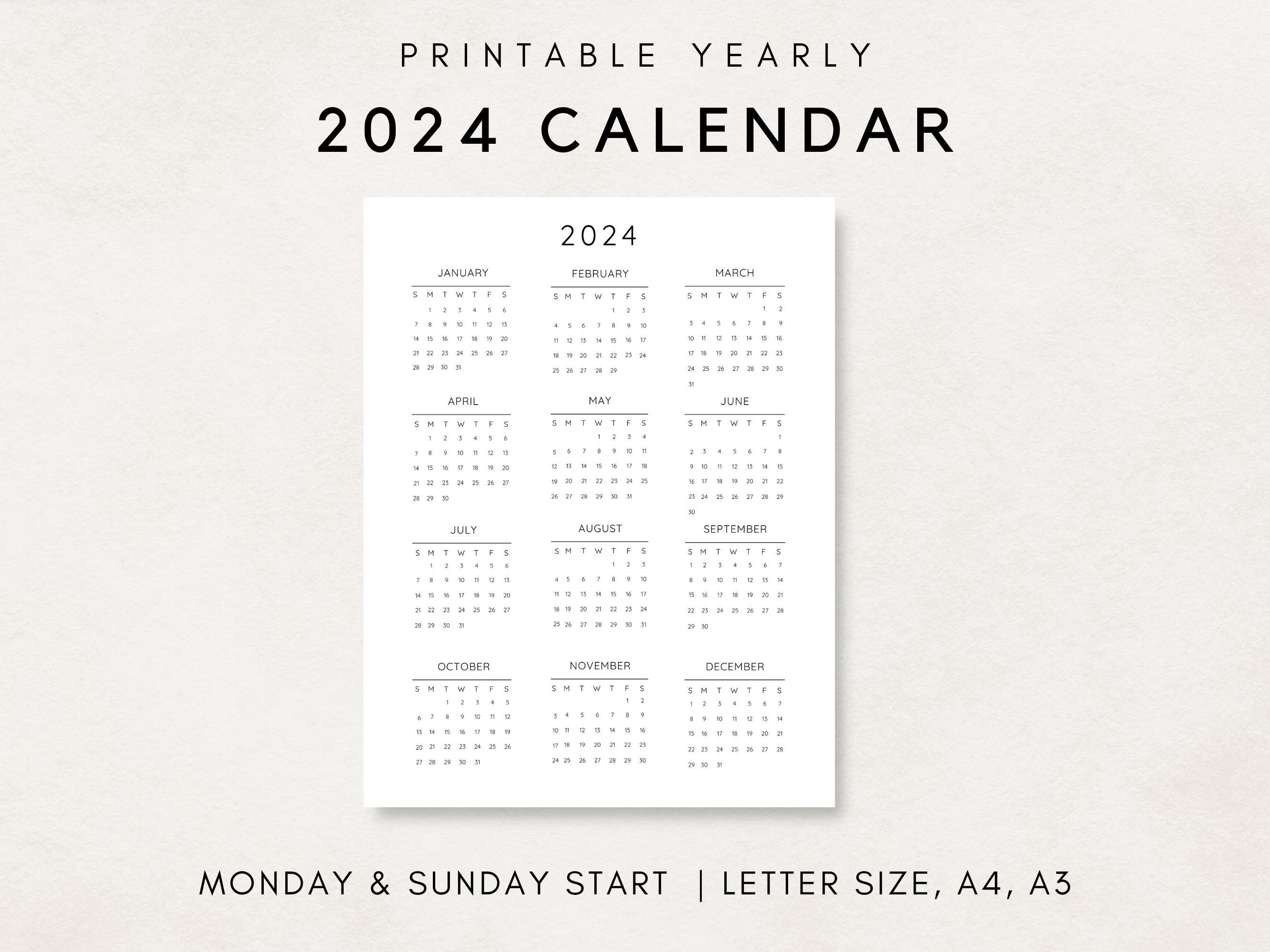 2024 Yearly Calendar Printable, Yearly Calendar Poster, 2024 Calendar ...