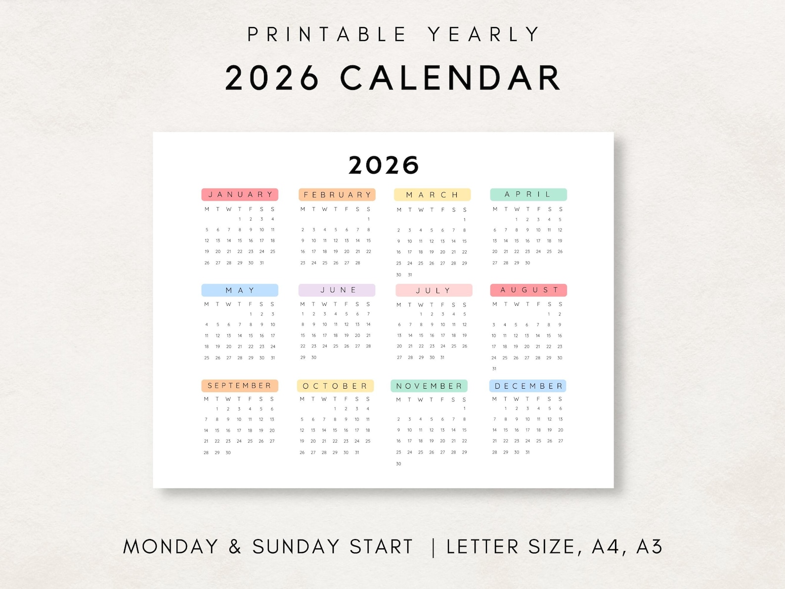 2026 Yearly Calendar, Printable Calendar, 2026 Calendar, 2026 Digital ...