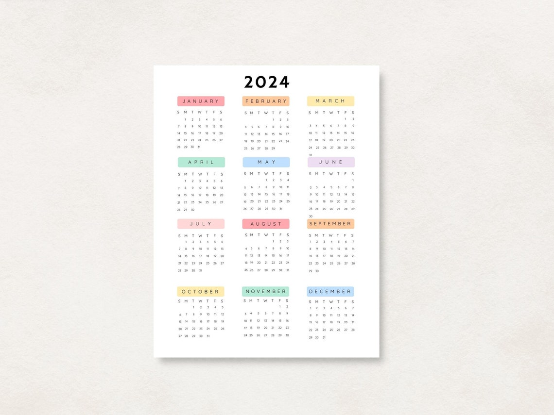 2024 Yearly Calendar Printable, Yearly Calendar Poster, 2024 Calendar ...