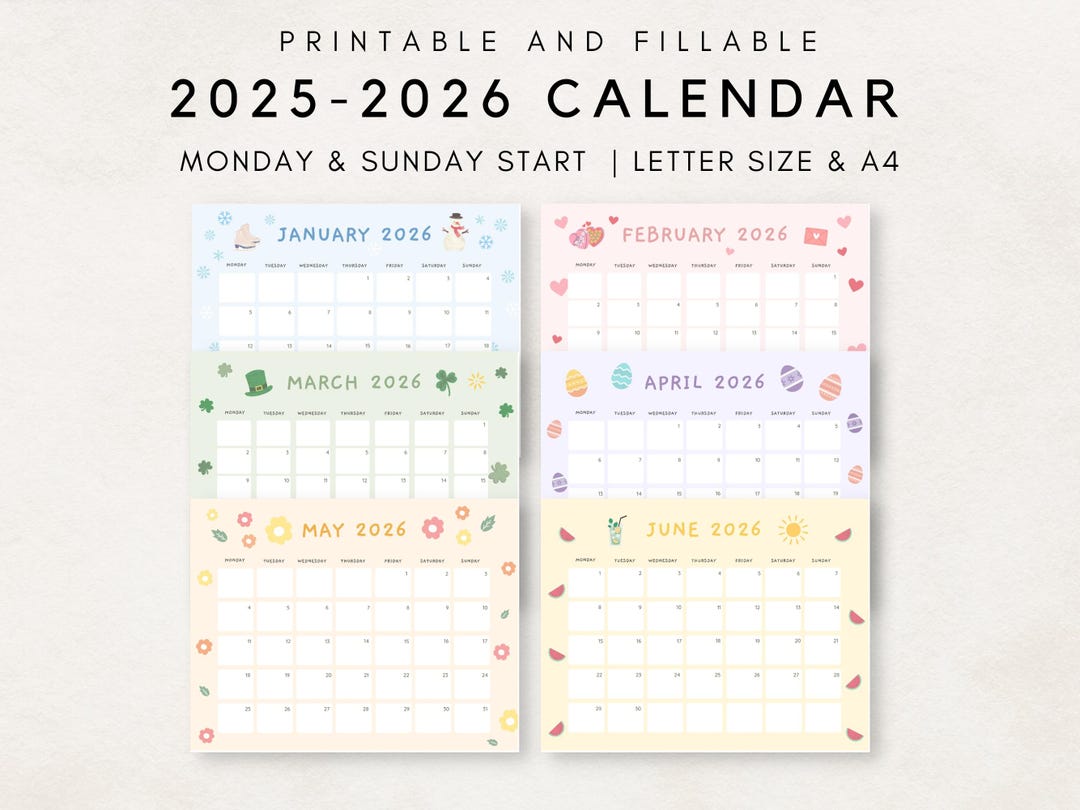 Cute 2025-2026 Calendar Printable, Monthly Calendar 2025-2026, 2025 ...