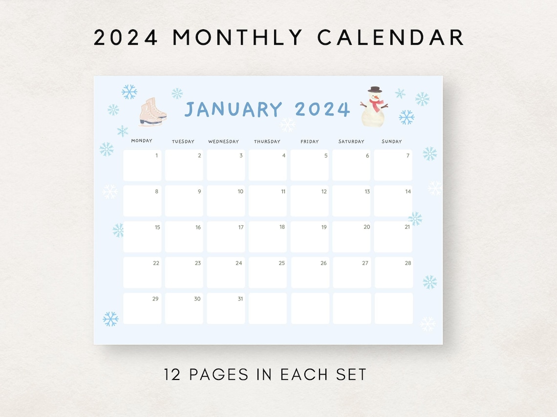 Cute 2024 Calendar Printable, Monthly Calendar 2024, 2024 Planner ...