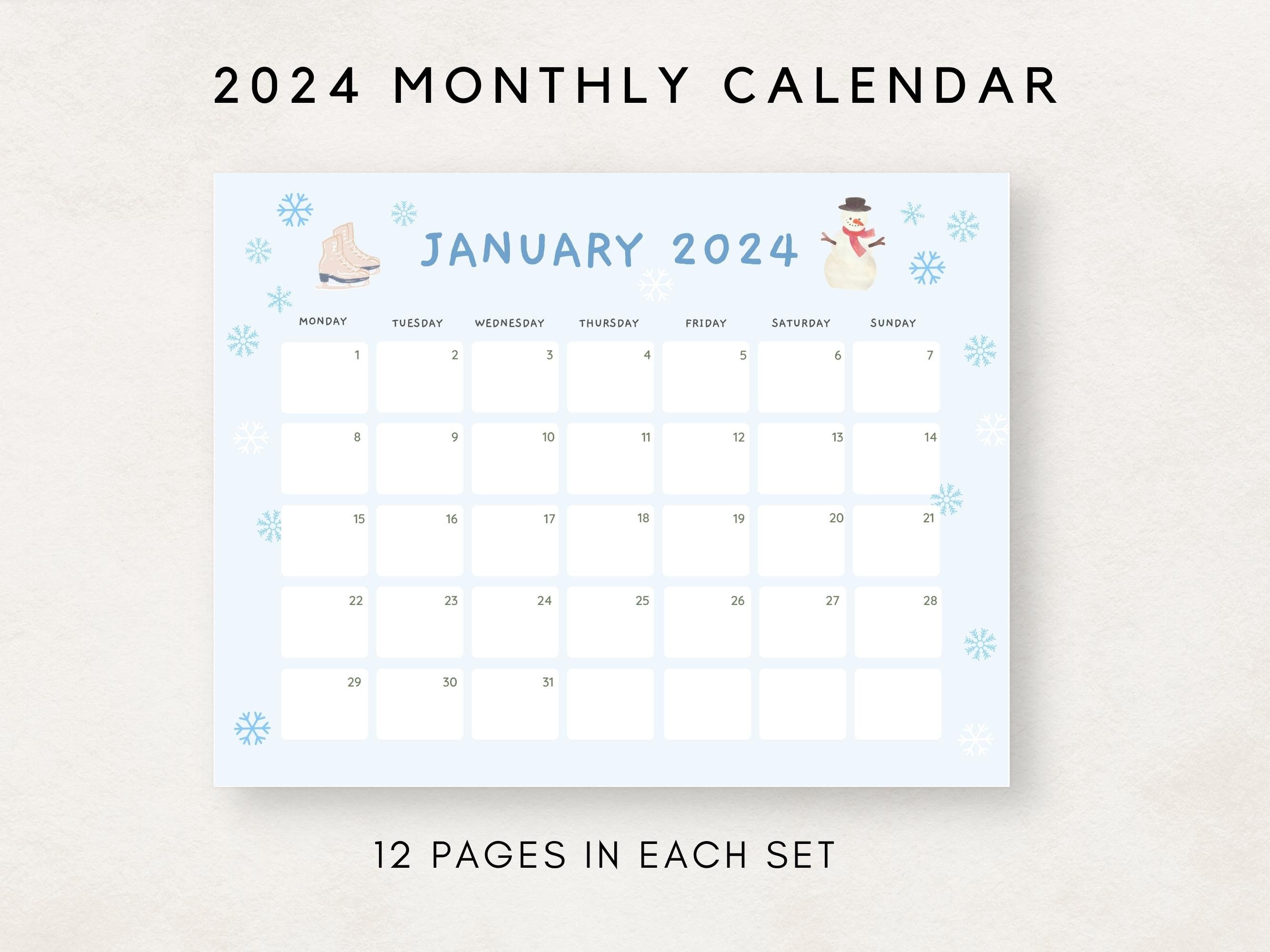 Cute 2024 Calendar Printable, Monthly Calendar 2024, 2024 Planner ...