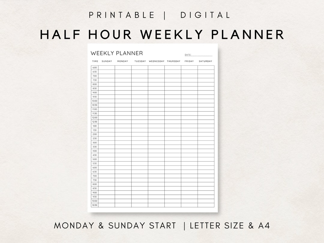 Half Hour Weekly Planner, Half Hour Schedule, Weekly Half Hourly Plan ...