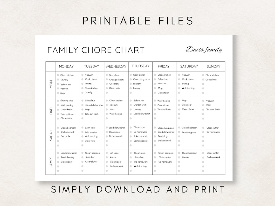 Family Chore Chart Printable, Editable Family Schedule, Family Chores ...