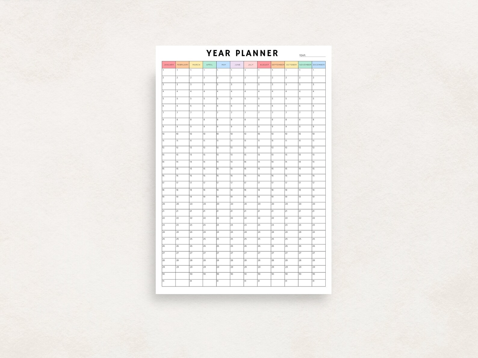 Yearly Planner on 1 Page, Year at a Glance, Undated Full Year Calendar ...