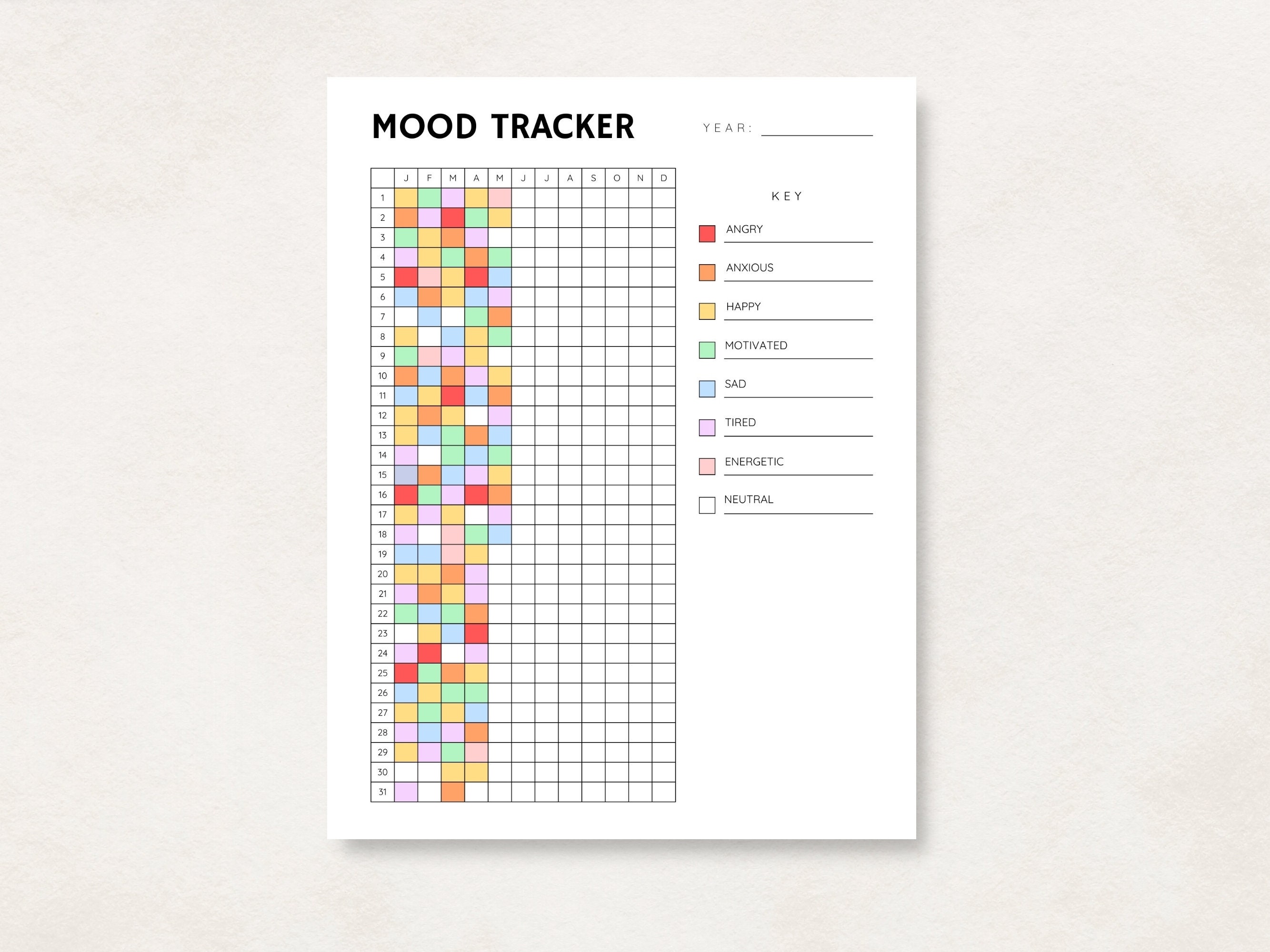 Mood Tracker Printable, Yearly Mood Tracker, Mood Tracker, Mood Chart ...