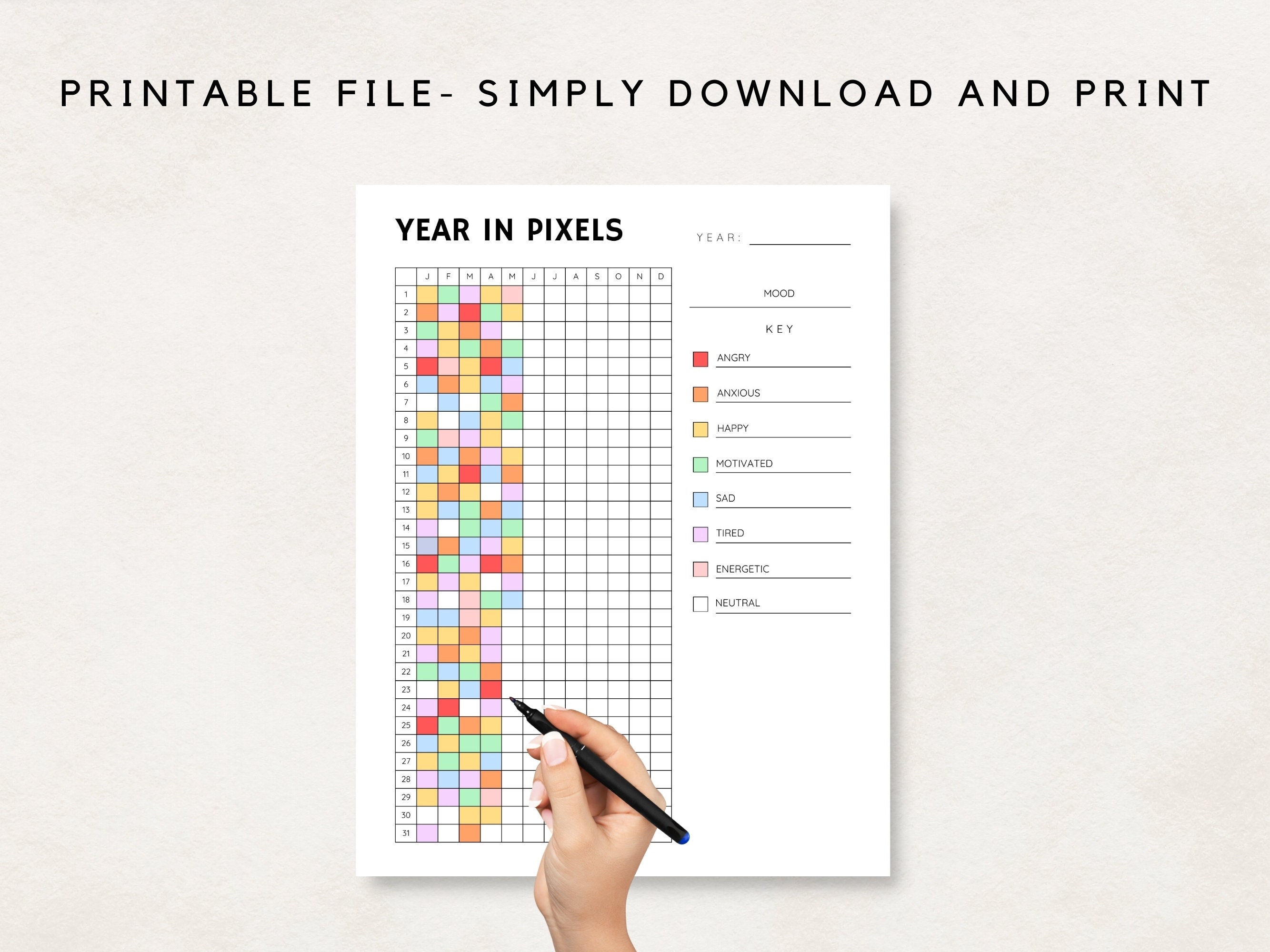 Year in Pixels, Yearly Tracker, Yearly Mood Tracker, Mood Tracker ...