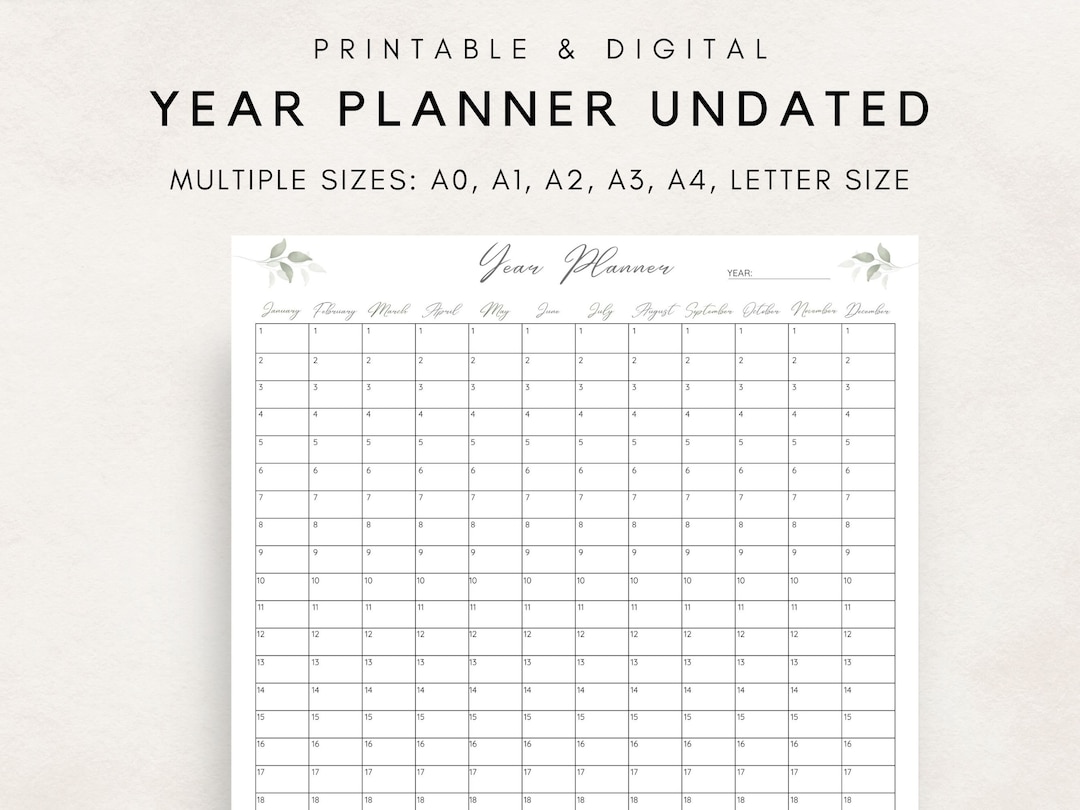 Full Year Calendar, Yearly Planner on 1 Page, Yearly Wall Planner ...