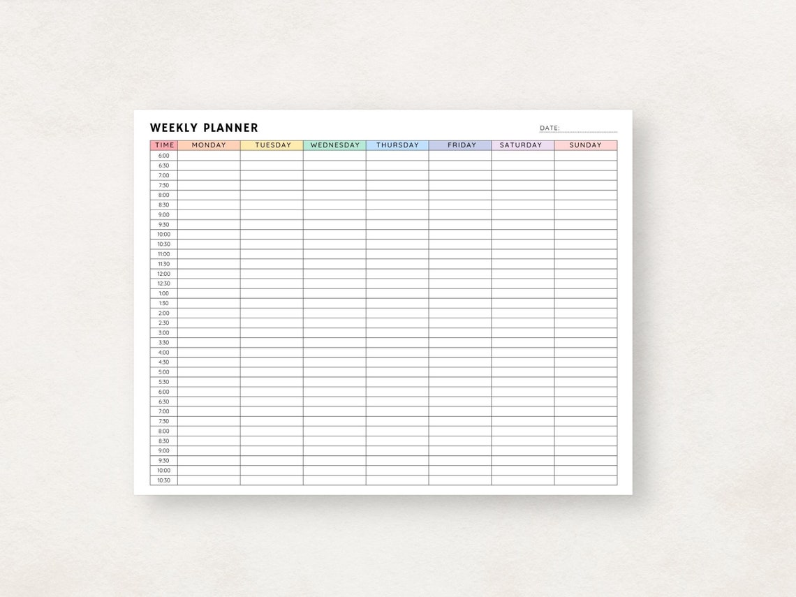 Half Hour Weekly Schedule, Half Hour Planner, Weekly Half Hourly Plan ...