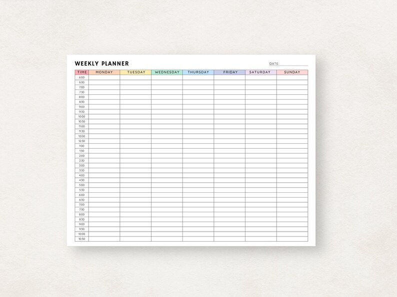 Half Hour Weekly Schedule, Half Hour Planner, Weekly Half Hourly Plan ...