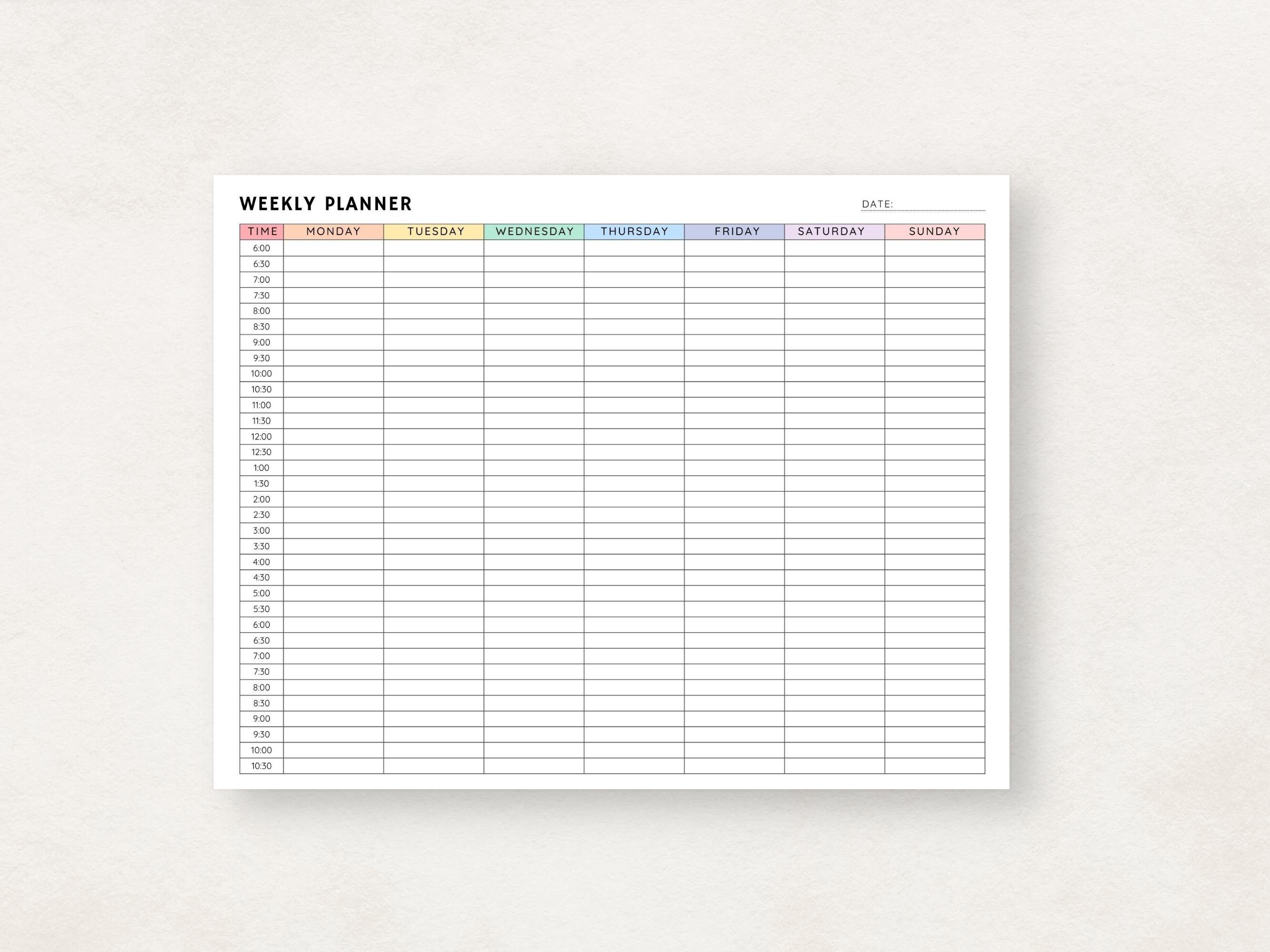 Half Hour Weekly Schedule, Half Hour Planner, Weekly Half Hourly Plan ...