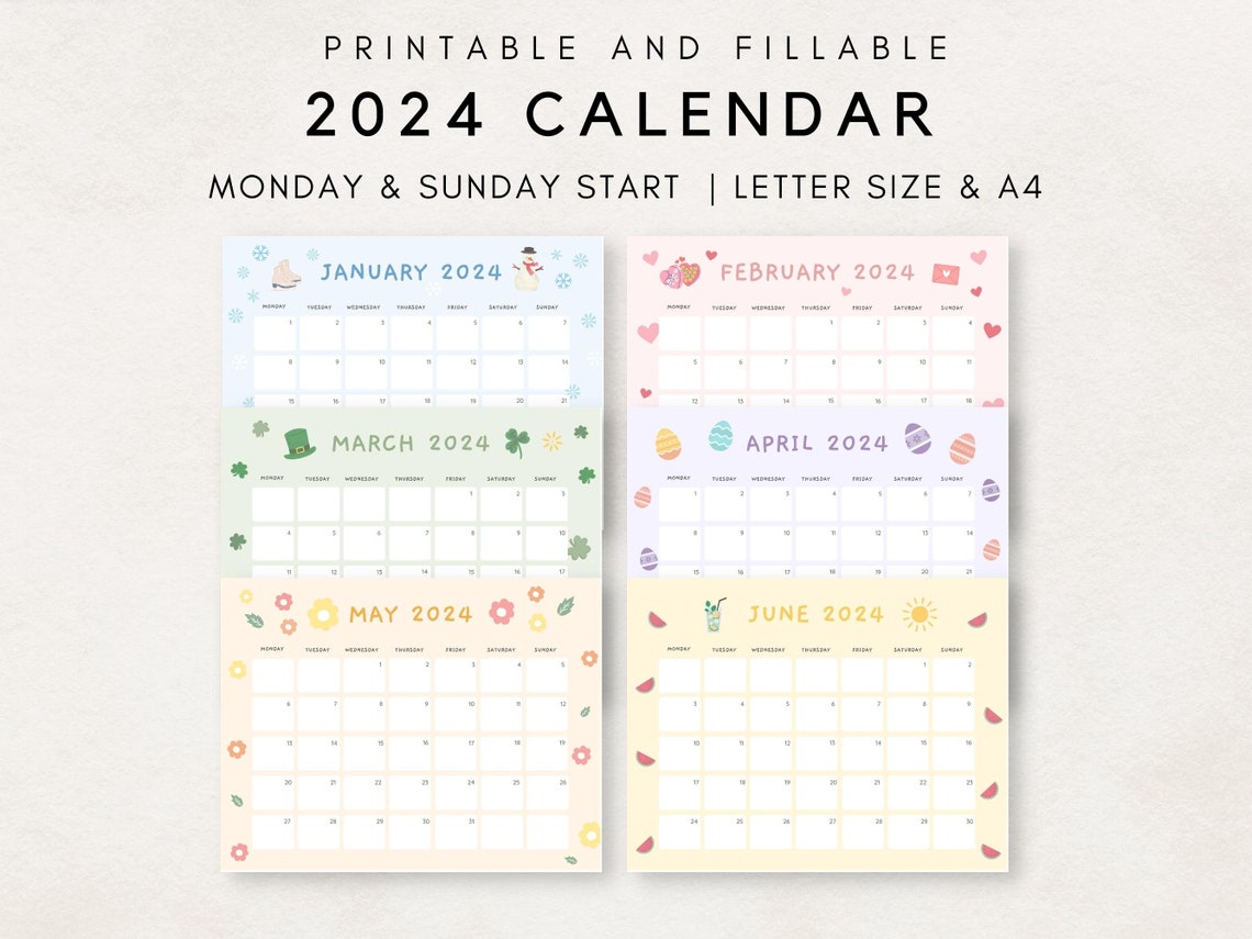 Cute 2024 Calendar Printable, Monthly Calendar 2024, 2024 Planner ...