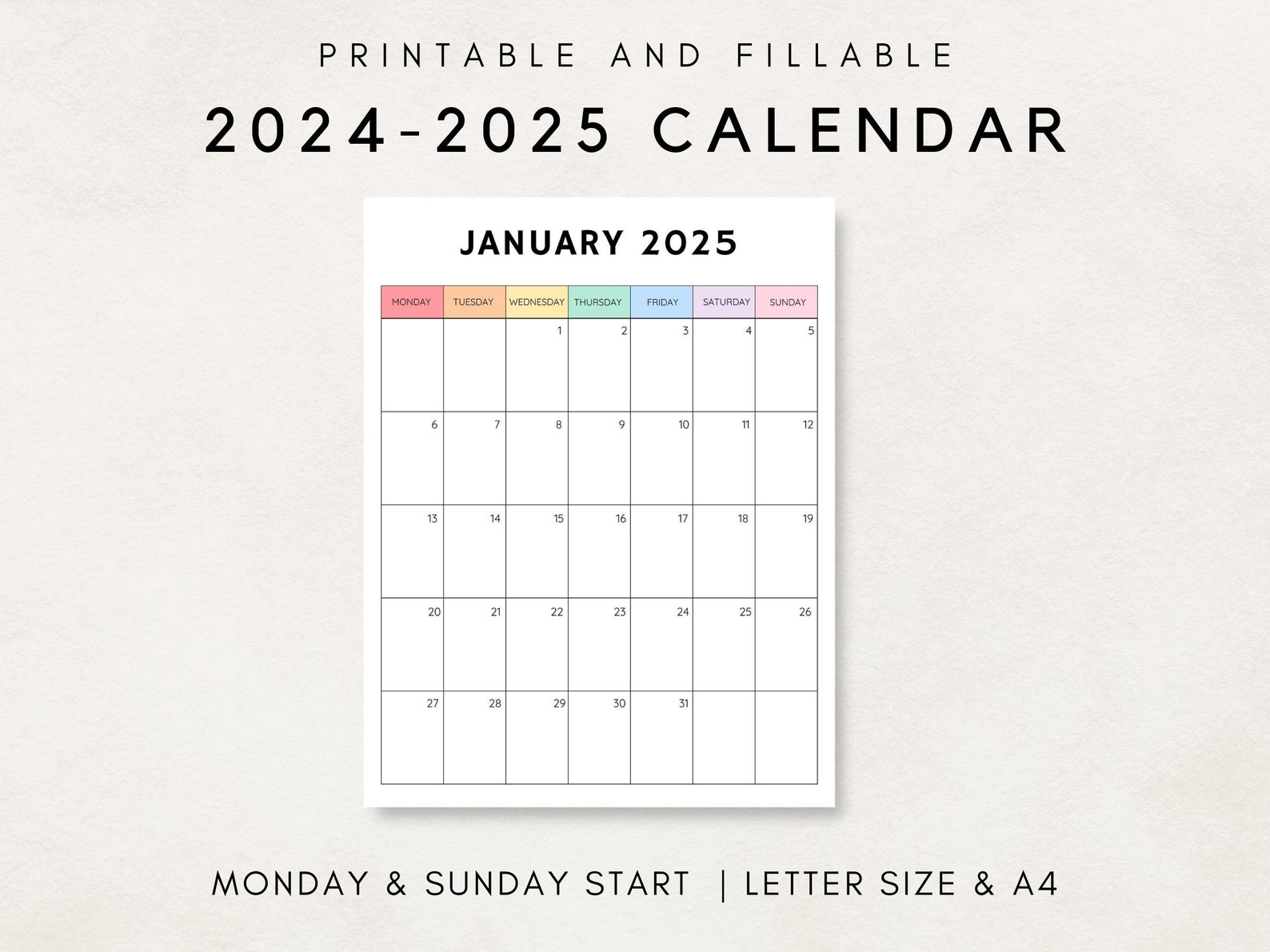 Calendario 2024 2025 Imprimible, Calendario Mensual 2024 2025, Plantilla de Calendario ...