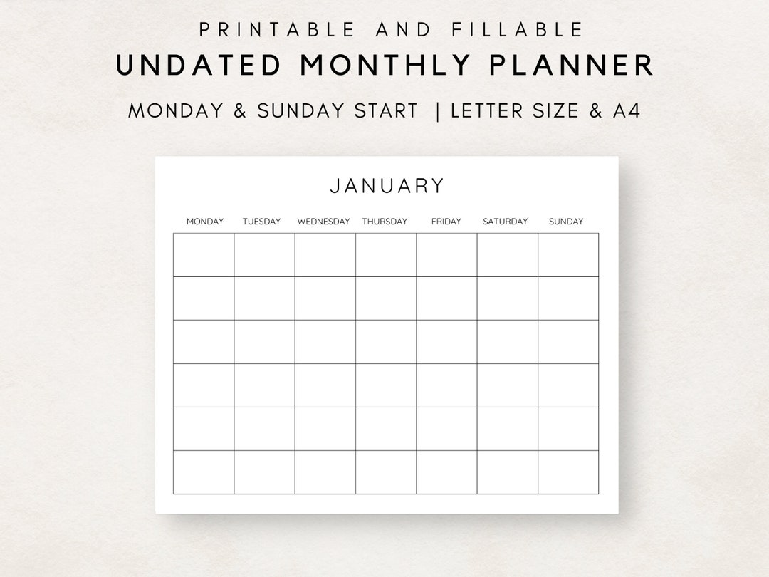Undated Monthly Planner, Monthly Calendar Undated, Monthly Planner ...