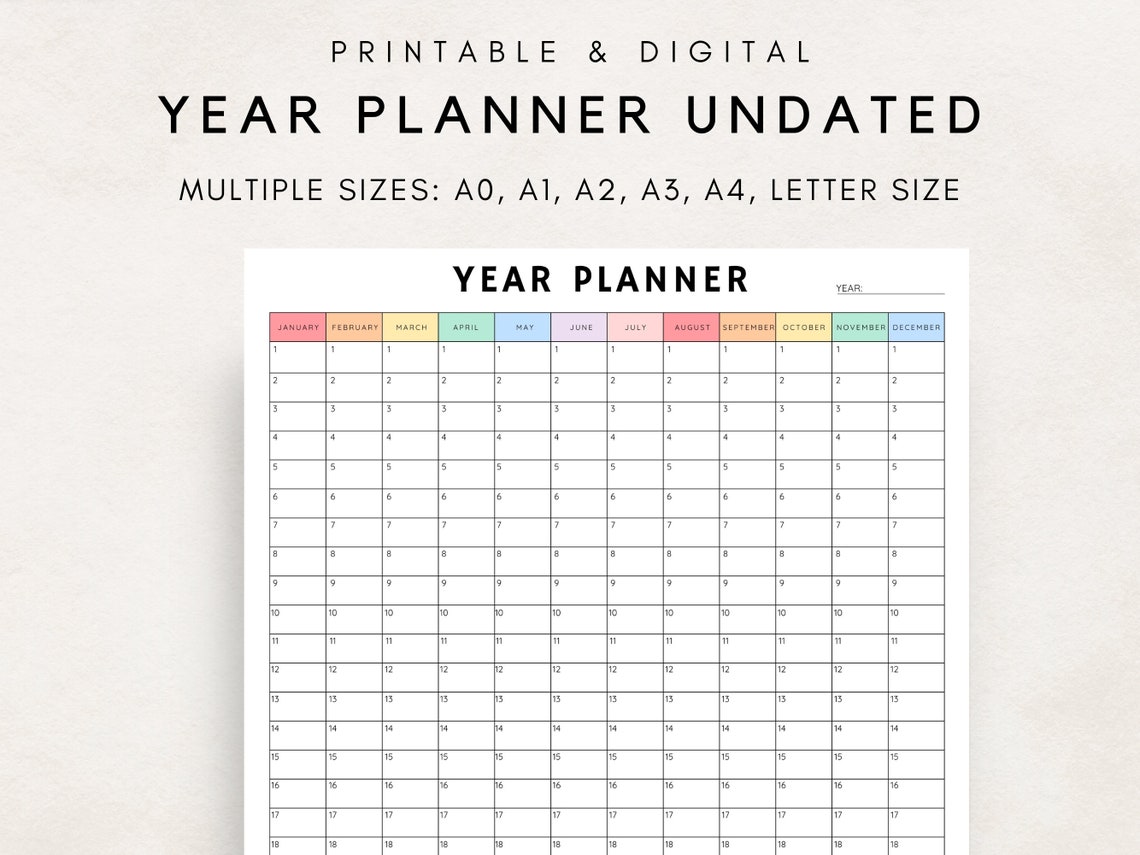 Yearly Planner on 1 Page, Year at a Glance, Undated Full Year Calendar ...