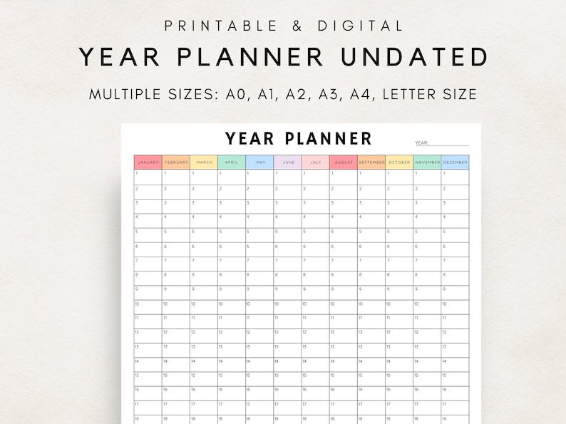 Yearly Planner on 1 Page, Year at a Glance, Undated Full Year Calendar ...