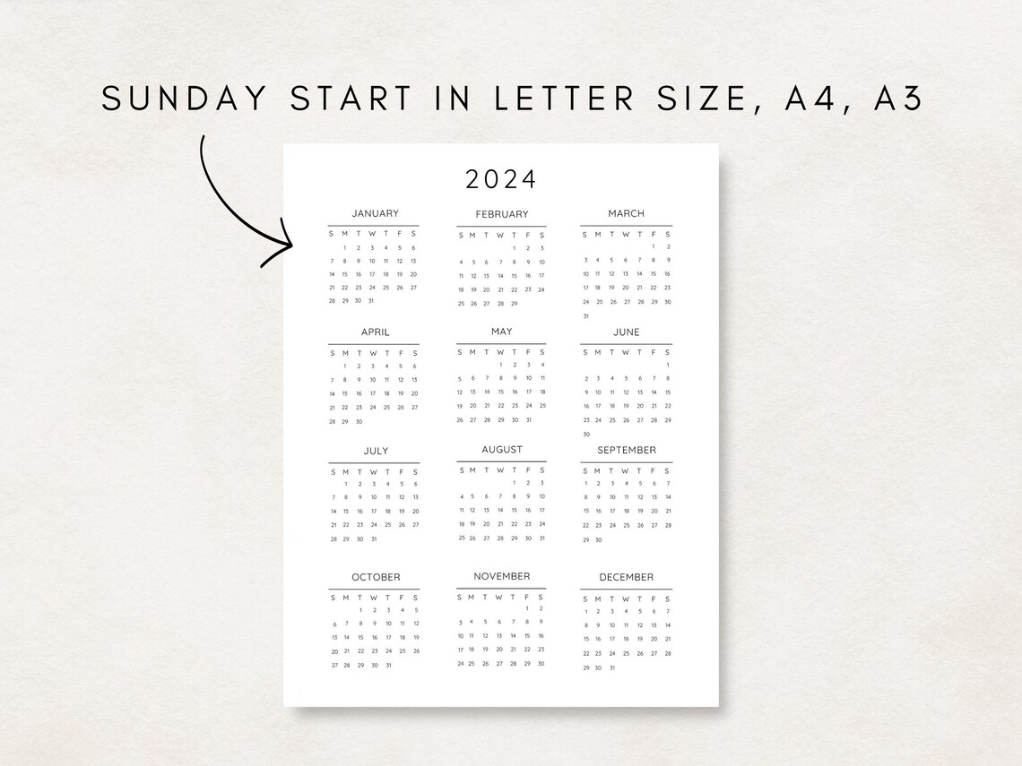 2024 Yearly Calendar Printable, Yearly Calendar Poster, 2024 Calendar ...