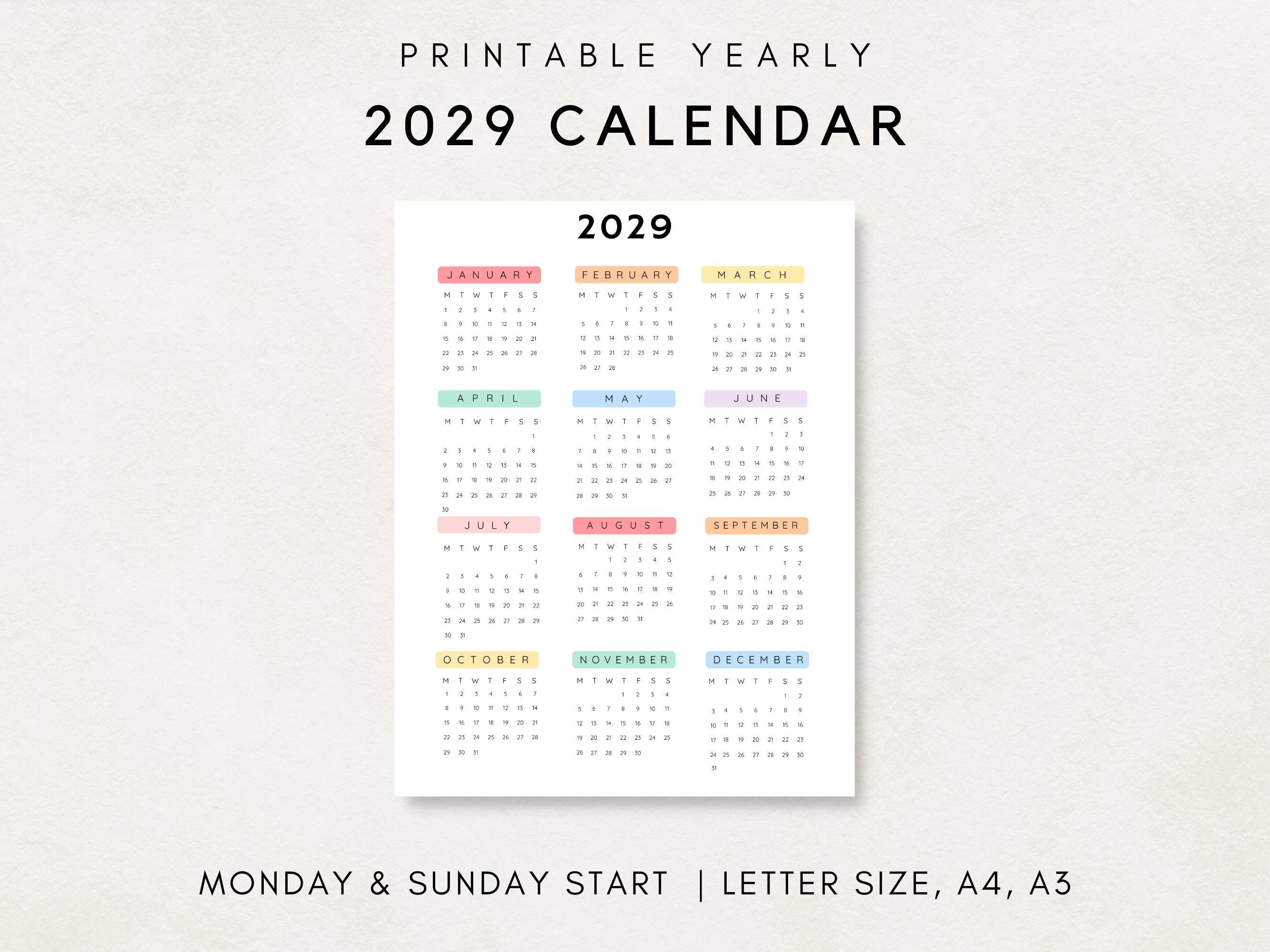 2029 Yearly Calendar, Printable Calendar, 2029 Calendar, 2029 Digital ...