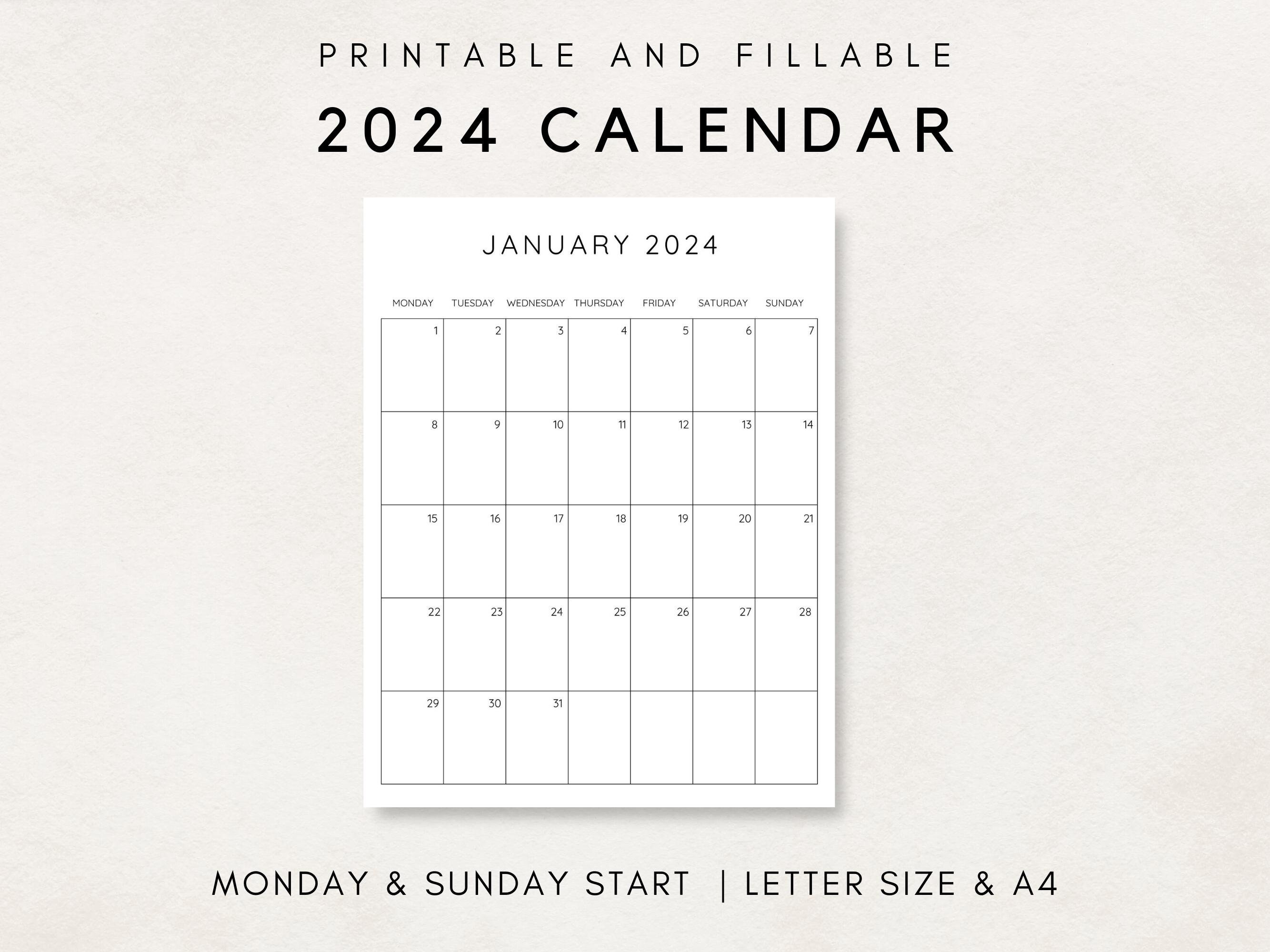 Minimalist Calendar 2024, Printable Calendar 2024, Monthly Calendar ...
