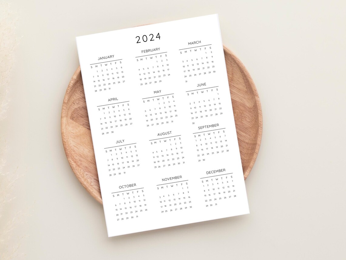 2024 Yearly Calendar Printable, Yearly Calendar Poster, 2024 Calendar ...