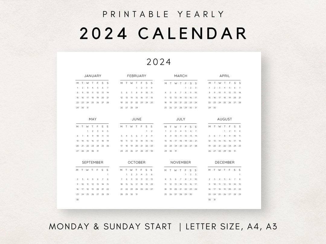 2024 Yearly Calendar, Printable Calendar, 2024 Calendar, Digital ...