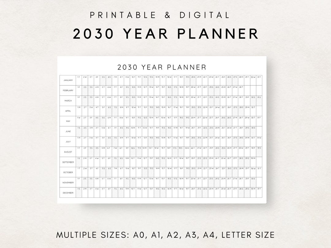 2030 Year Planner Printable, Yearly Planning Calendar, Calendar Poster ...