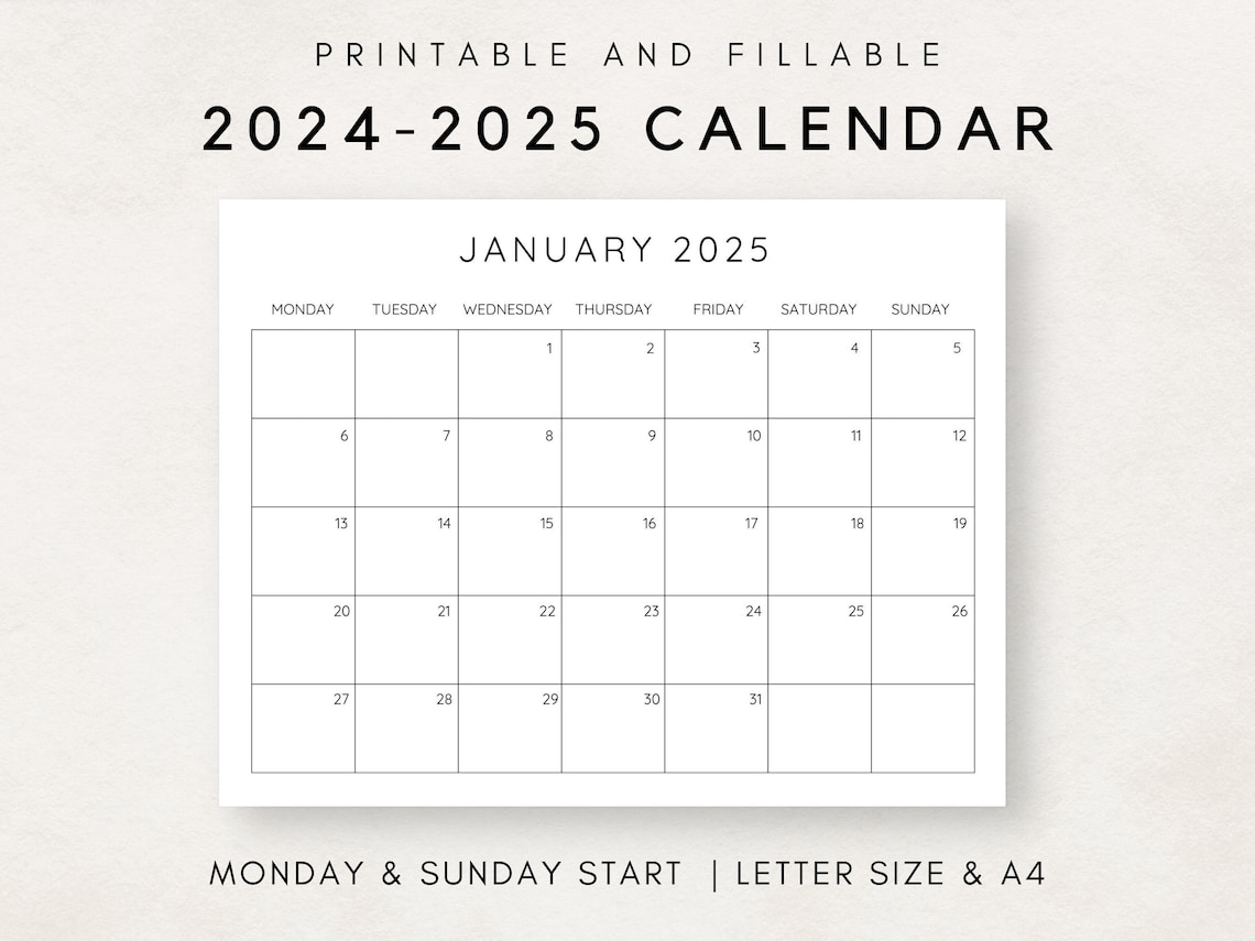 2024 2025 Calendar Printable, Monthly Calendar 2024 2025, Fillable ...