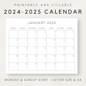2024- 2025 Calendar Printable, Monthly Calendar 2024- 2025, Fillable ...