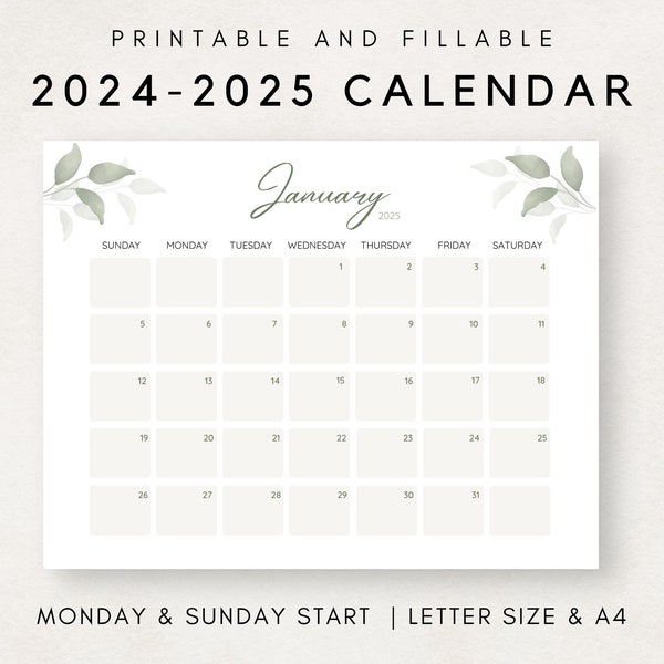 2024 2025 Calendar Printable, Monthly Calendar 2024 2025, Fillable ...