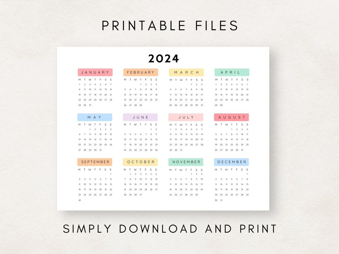 2024 Yearly Calendar, Printable Calendar, 2024 Calendar, Digital ...
